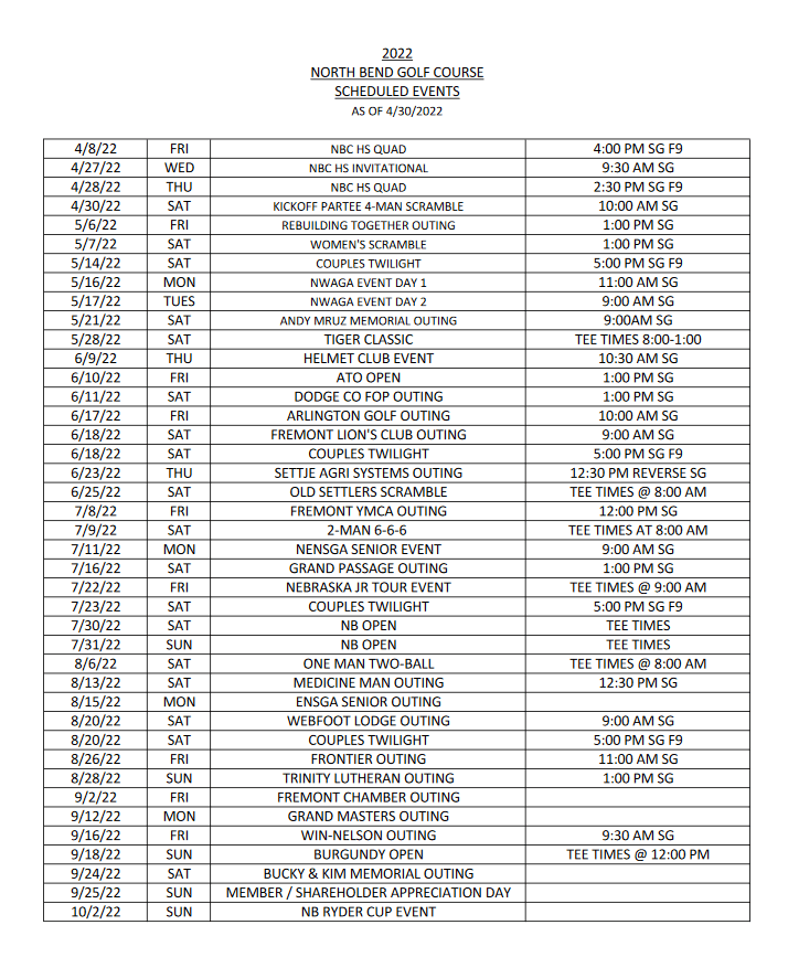 Events - North Bend Golf Course